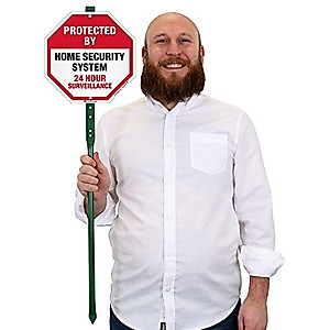 SmartSign 10 x 10 inch “Protected By Home Security System - 24 Hour Surveillance” Yard Sign with 3 foot Stake, 40 mil Aluminum 3M Laminated Engineer Grade Reflective, Red, Black and White, Set of 1