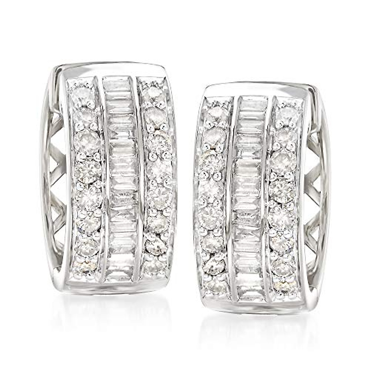 Ross-Simons 1.00 ct. t.w. Baguette and Round Diamond Hoop Earrings in Sterling Silver