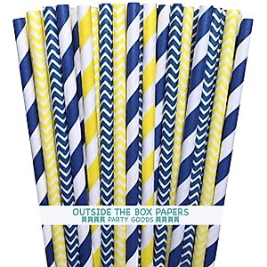 Outside the Box Papers Yellow and Navy Blue Chevron and Stripe Paper Straws 7.75 Inches- 100 Navy Blue, Yellow
