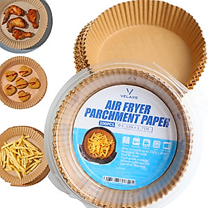 Velaxs Air Fryer Liners Disposable, Cooking Nonstick Filter Inserts Liners, Microwave Frying Pan Parchment Paper, Oil-proof Baking Roasting Food Grade Paper Sheets for Air Fryer 100 pcs 6.3 inch Round