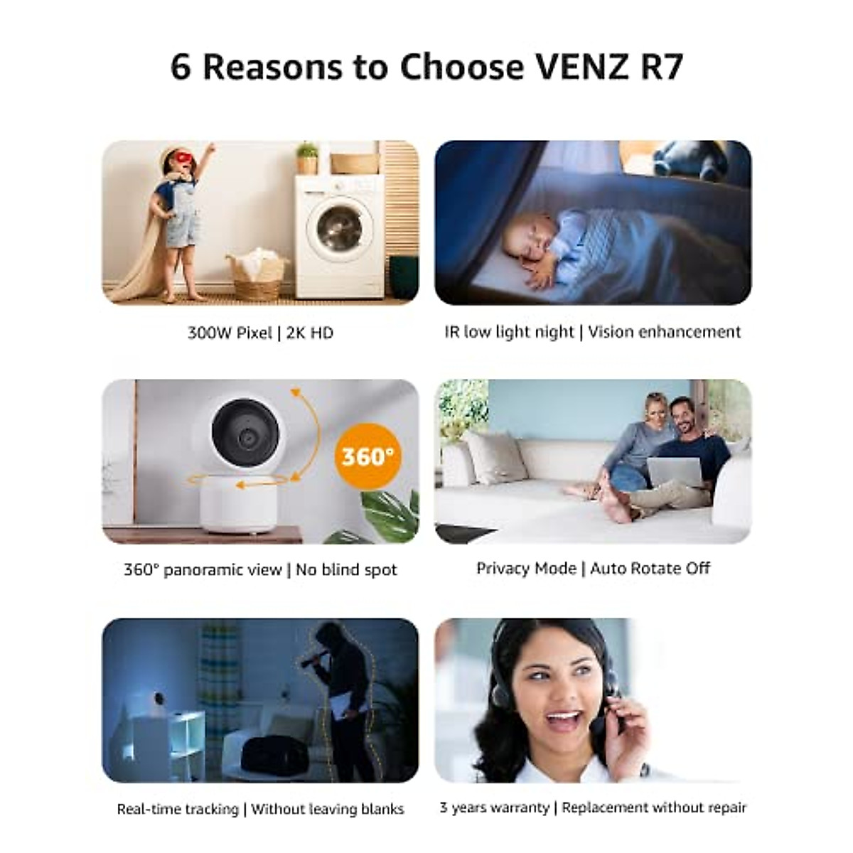 VENZ Security Camera, 2K 3MP Indoor Camera 360° Pan/Tilt View, Baby Monitor with Camera and Audio, 2.4G WiFi Pet Dog Camera with Phone App,Compatible with Alexa and Google Assistant
