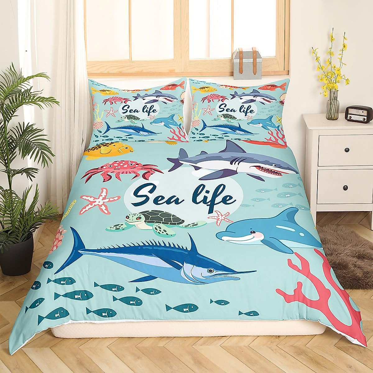 Sea Turtle Comforter Cover Set Twin Size Ocean Fish Marine Life Duvet Cover Under Sea Life Bedding Set for Kids Child,Underwater World Coastal Creature Quilt Cover,Nautical Sea Animal Bedroom Decor