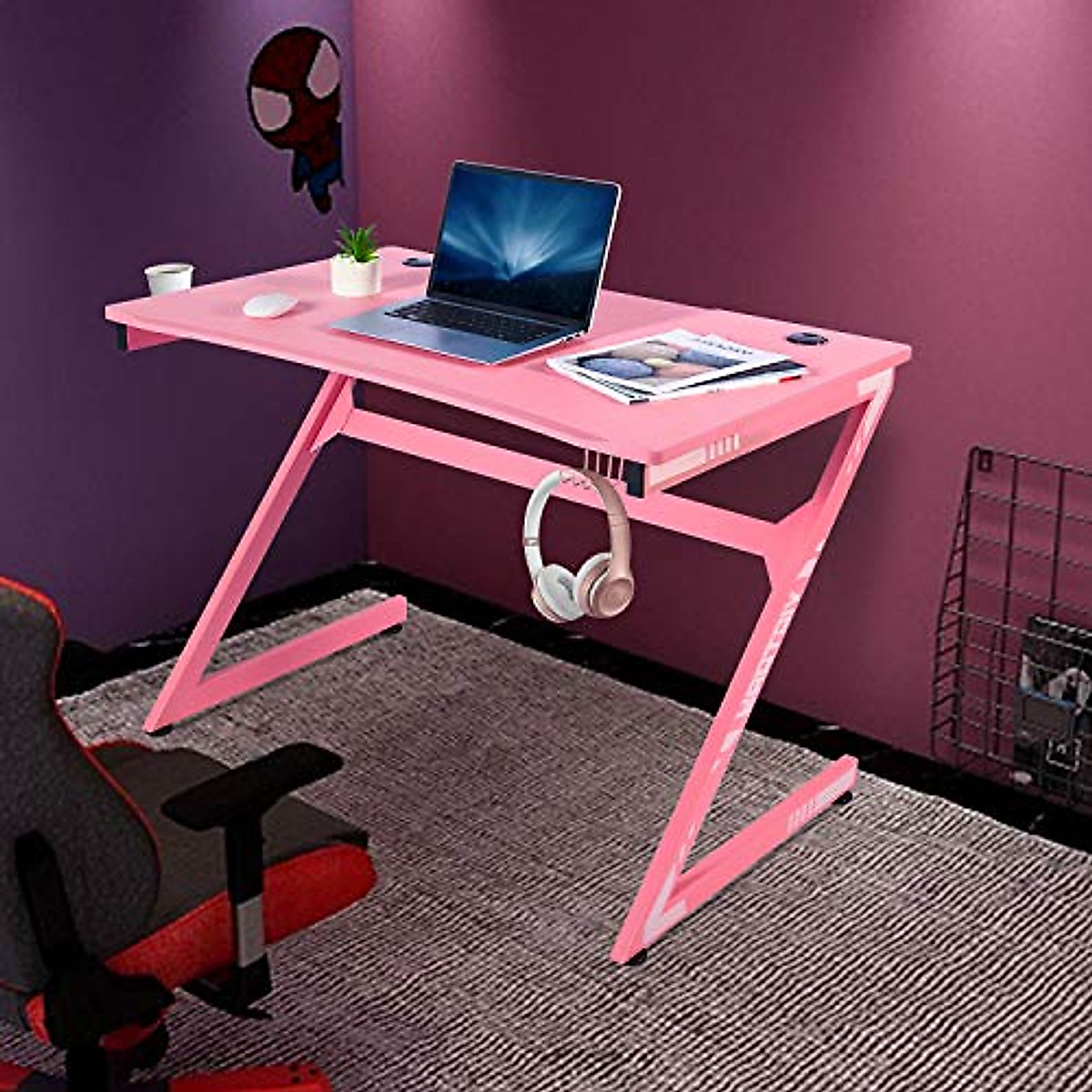 YIGOBUY Pink Gaming Computer Desk 43 Inch Barbie Gaming Table Z Shape Black Racing Table Student Desk with& Headphone Hook for Kids Adults Home Office Bedroom Computer Workstation