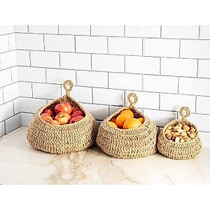 Crandek Boho Jute Hanging Basket - Wicker Hanging Fruit Basket for Fresh Produce Storage, Vegetable Keeper for Potato, Onion Garlic, Plant Holder - Handmade Kitchen Pantry Organizer (3 Size Pack)