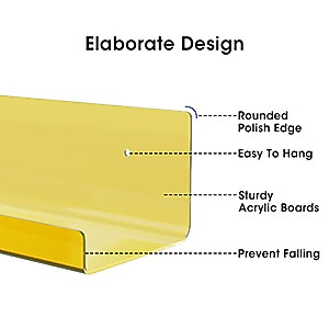 RRG 15 Inch Acrylic Floating Shelves, 2 Pack Kids Floating Bookshelf Wall Mounted Display Shelf for Books, Kids Room, Nursery, Bedroom, Bathroom, Living Room (Yellow)