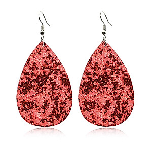 GIMEFIVE 4 Pairs Leather Teardrop Glitter Sequins Earring Lightweight Leaf Drop Bohemian Hollow Earrings For Women (Red+Gold+Silver+White)