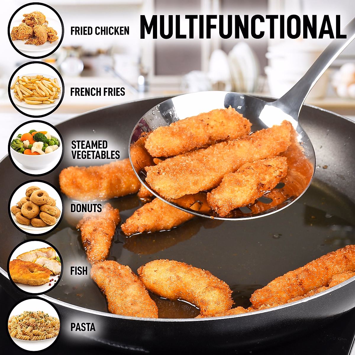 Zulay Kitchen Stainless Steel Cooking Utensil - Stainless Steel Kitchen Utensil - Durable Kitchen Gadgets - Metal Kitchen Accessories - Easy to Clean Kitchen Tools - 14.5" Draining Spoon