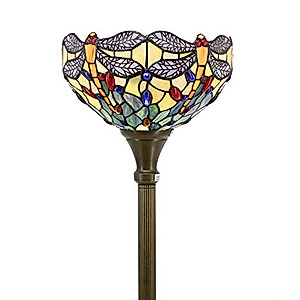 WERFACTORY Tiffany Floor Lamp Sea Blue Yellow Stained Glass Dragonfly Light 12X12X66 Inches Pole Torchiere Standing Corner Torch Uplight Decor Bedroom Living Room Home S128 Series