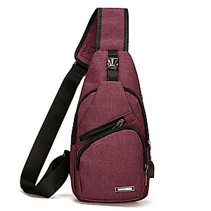 Men's Women's Sling Chest Shoulder Bag Outdoor Travel Crossbody Backpack with USB Charging Port Rose Red