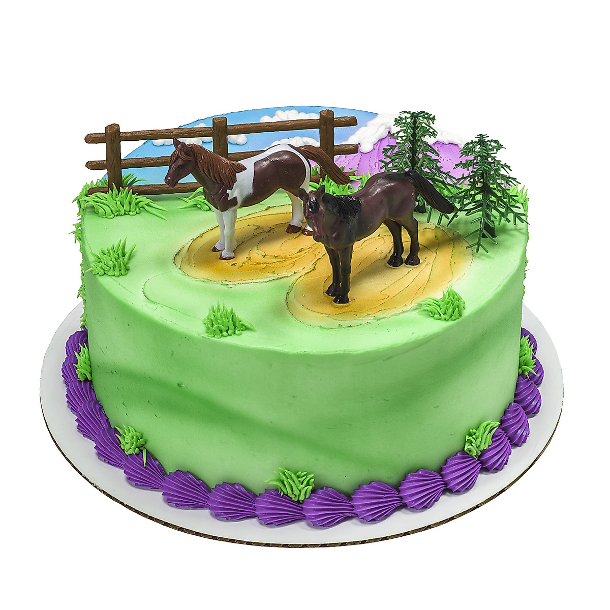 DecoSet® Horses Cake Topper, 5-Piece Topper Set Cake Decoration with 2 Horses, Fence, and Trees, Ready to Use For Equine-Themed Birthday, Celebration, Food Safe