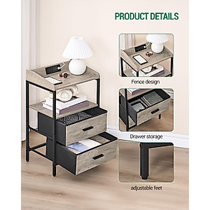 Hzuaneri Nightstands with Charging Station, End Table with 2 Fabric Storage Drawers and Shelves, Modern Side Table with USB Ports & Power Outlets, Greige NS30405B