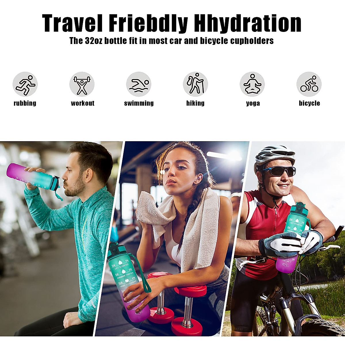 Myasrelae Water Bottle With Straw, 32 oz Water Bottles With Times to Drink,Leakproof BPA Free Bottle with Time Marker ，Ideal Gift for Gym Workouts and the Outdoors (A)