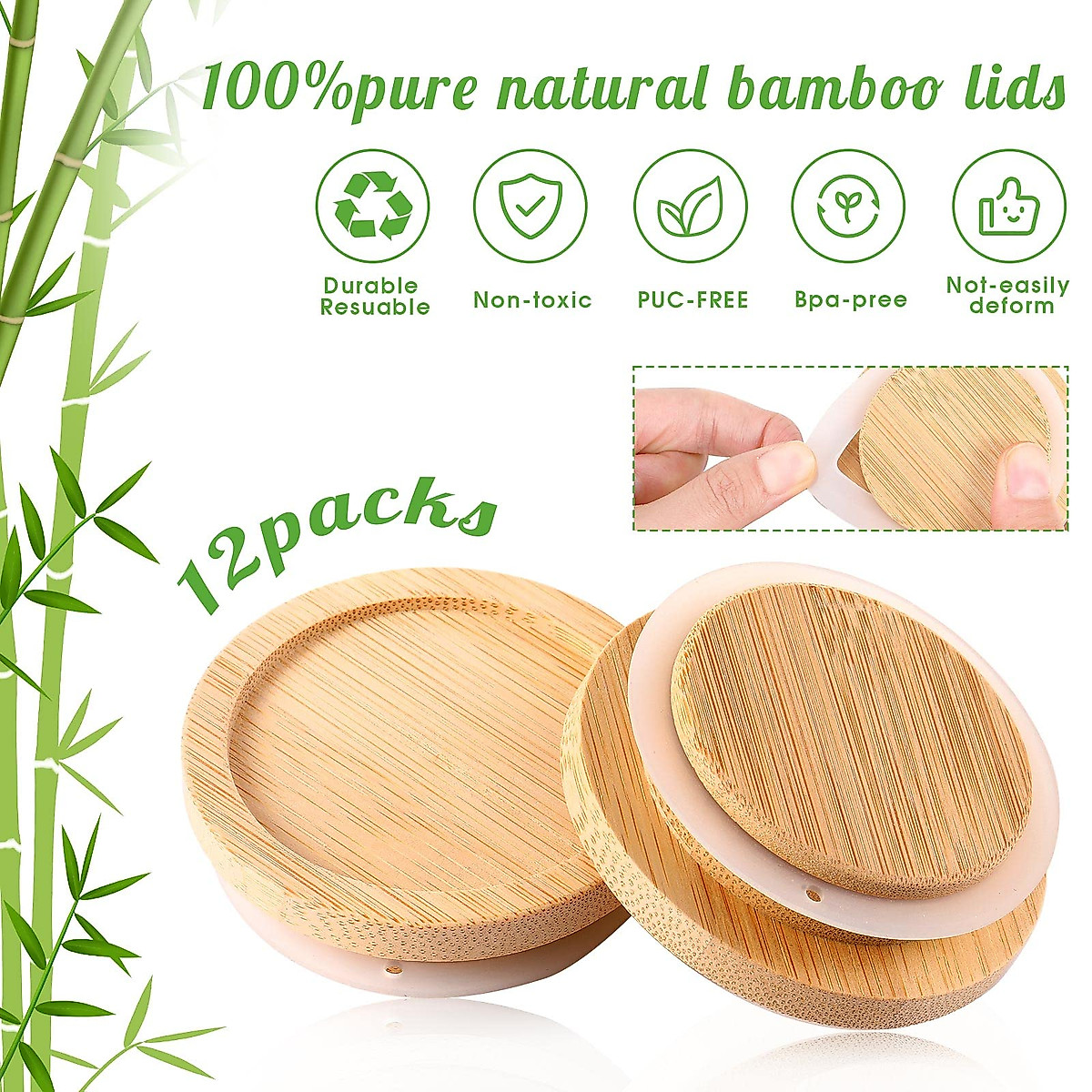 Oui Yogurt Jar Lids Set Bamboo Wood Lids with Silicone Sealing Rings Storage Canning Jar Bamboo Lids Wide Mouth Jar Lids Oui Lids for Nice Sealing Airtight Fit (12)