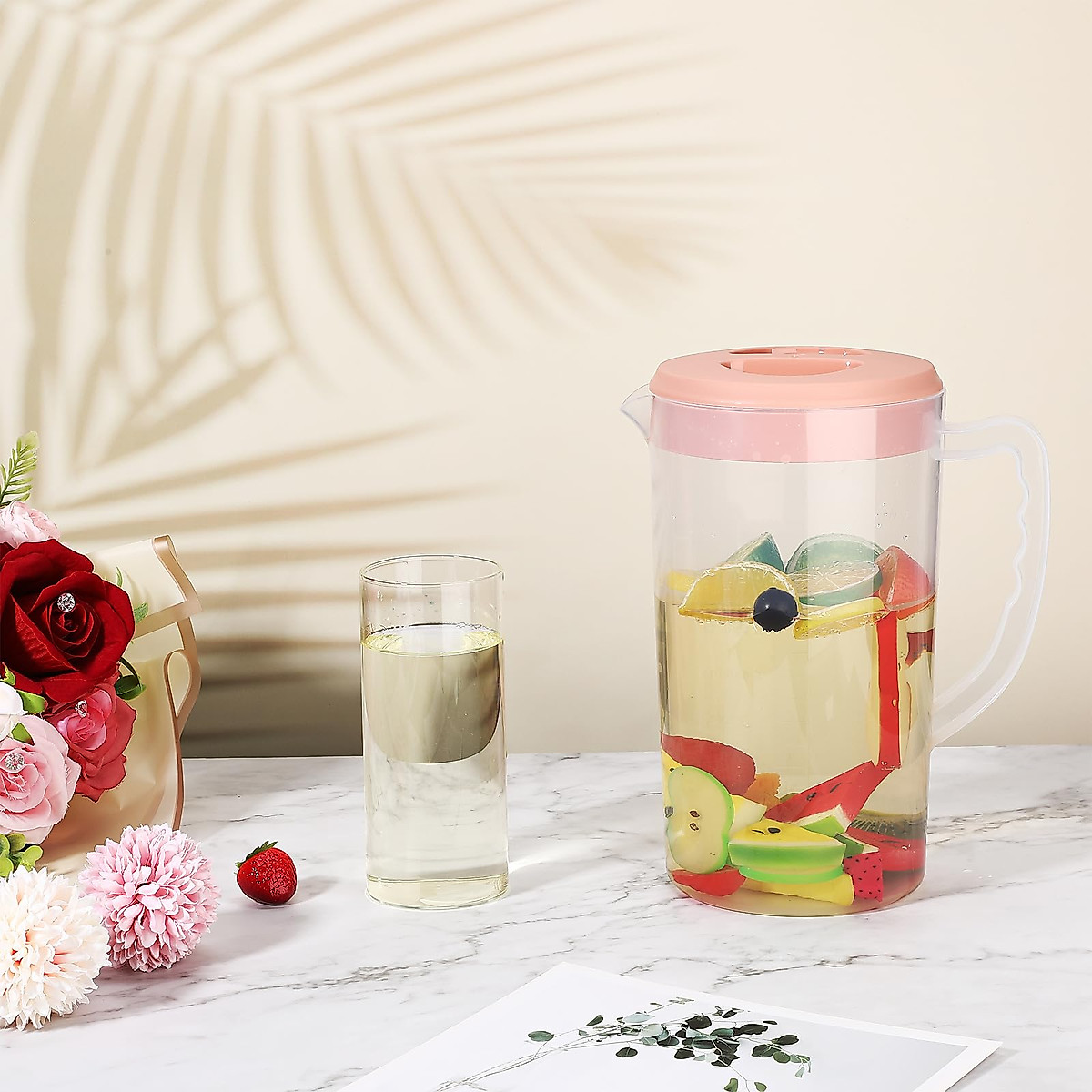 Bokon 2 Pcs 0.69 Gallon/ 88 Oz/ 2.6 l Plastic Pitcher with Lid Clear Water Jug Juice Beverage Jar with Handle Ice Tea Kettle for Hot Cold Mix Drink Lemonade, Pink and Blue Lid