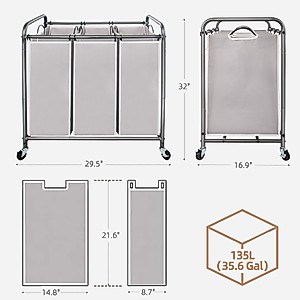 STORAGE MANIAC 3 Section Laundry Sorter, 3 Bag Laundry Hamper Cart with Heavy Duty Rolling Lockable Wheels and Removable Bags, Laundry Organizer Laundry Basket Laundry Clothes Separator Hamper, Gray
