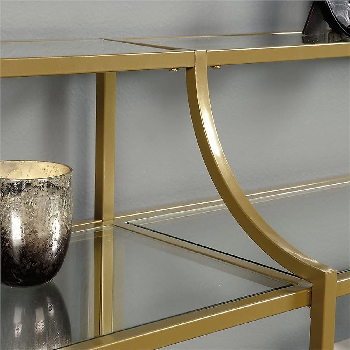 Home Square 2 Piece Living Room Set with 5 Shelf Metal Frame Bookcase and 3 Shelf Console Table in Satin Gold