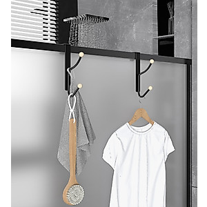 CHAUNCEY HOME Over The Door Hooks Hanger, Over Door Double Hooks with Wooden-Bead, Metal Double Hangers Bathroom Accessories and Towel Rack Organization, 2 Pack Matte Black OB89-B