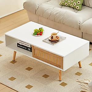 Mid Century Modern Coffee Table with Storage, 41.3 Inch Rectangle Wooden Accent Center Sofa Table with Sliding PE Rattan Woven Door Panel and Solid Wood Legs, Suitable for Living Room, Apartment