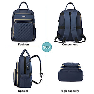 LOVEVOOK Laptop Backpack for Women, 15.6 Inch Computer Backpack for Teacher Nurse with Water Resistant, Lightweight Travel Work Backpack with USB Charging Port, Quilted Commuter Backpack purse, Blue