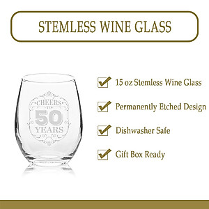 Veracco Cheers To 50 Years 50th Birthday Gift For Him Her Fifty and Fabulous Stemless Wine Glass (Clear, Glass)
