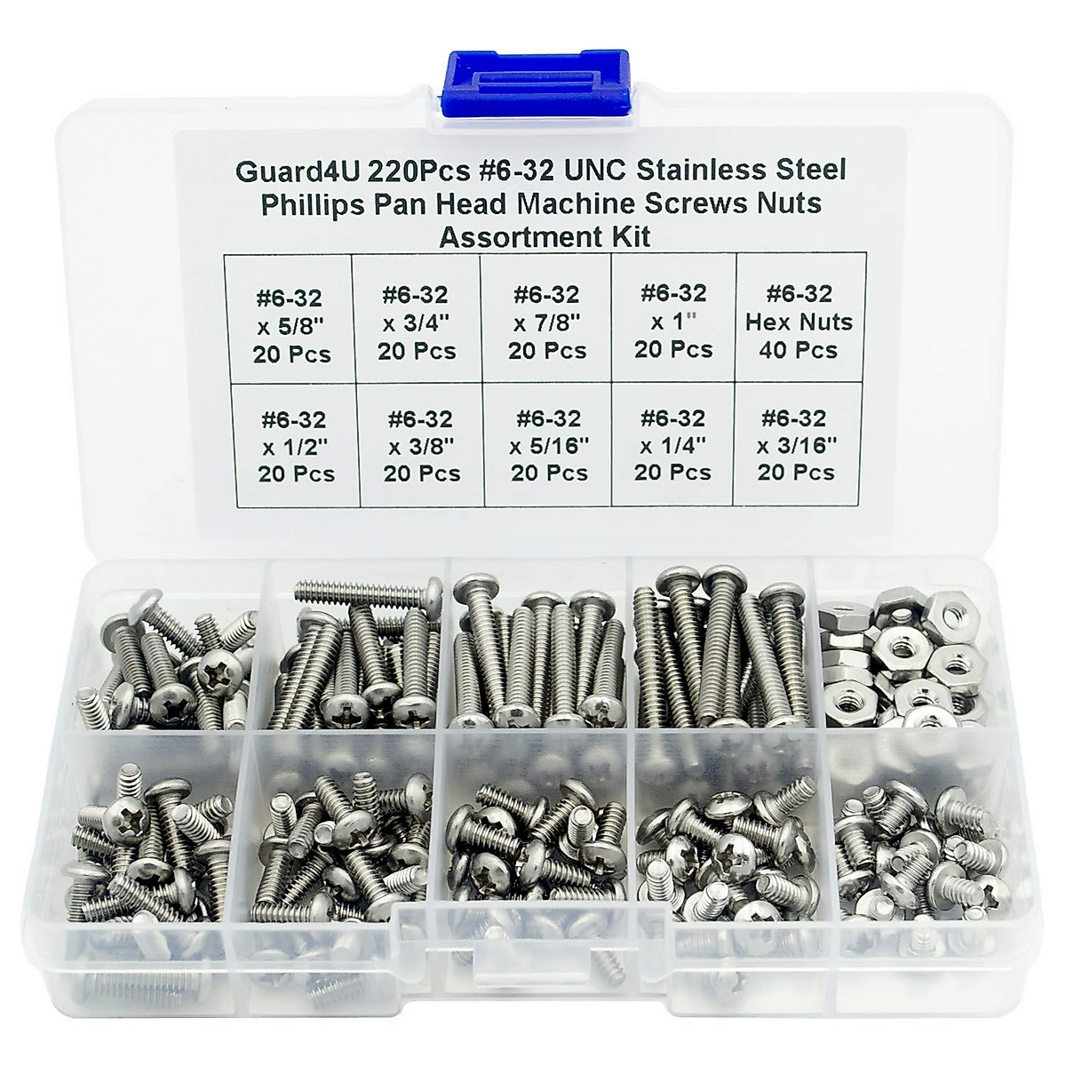 Guard4U 220Pcs #6-32 UNC Stainless Steel Phillips Pan Head Machine Screws Nuts Assortment Kit- #6-32x 3/16" 1/4" 5/16" 3/8" 1/2" 5/8" 3/4" 7/8" 1"