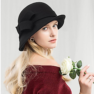 Womens Winter-Cloche-Hat 1920s Classic-Church-Dress Wool-Felt-Bucket-Hats with Flowers(M-L)