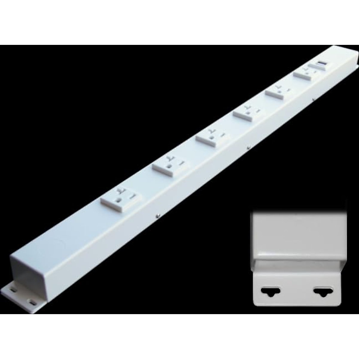 24” Hardwired Power Strip (NO Power Cord), 6 (NEMA 5-20R) Vertical Outlets (NOT Tamper Resistant), with Ears (mounting tabs on Both Ends), 20 Amp, USB, White