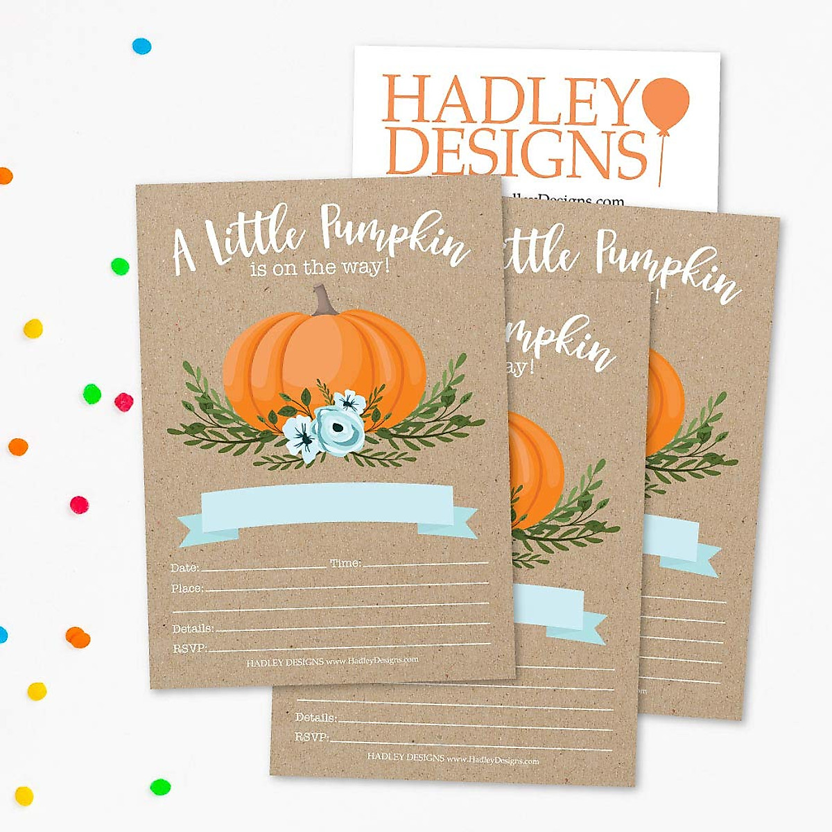 25 Pumpkin Blue Baby Shower Invitations, Sprinkle Invite For Boy, Coed Rustic Gender Reveal Theme, Cute Autumn Kraft Floral DIY Fill or Write In Blank Printable Card, Greenery Rose Party Supplies