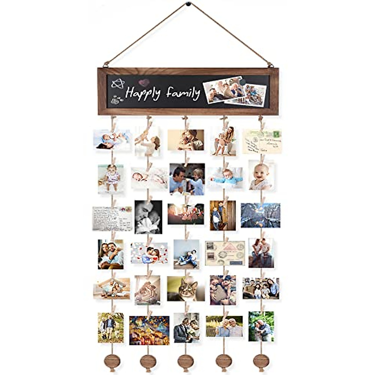 Bikoney Picture Frames Collage Photo Hanging Display Picture Board Wood Rustic Frames for Wall Decor and Dorm Room Decor with Blackboard and 30 Clips Carbonized Black