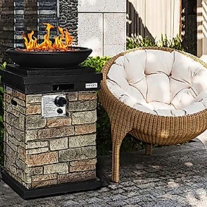 COOURIGHT Outdoor Propane Fire Bowl Column, 30” Stone Look Gas Burner Stove w/ Rain Cover Lava Rock, 40,000 BTU Tall Gas Burning Fire Pit Table for Patio Garden Outside, CSA/ETL Approved (Natural)