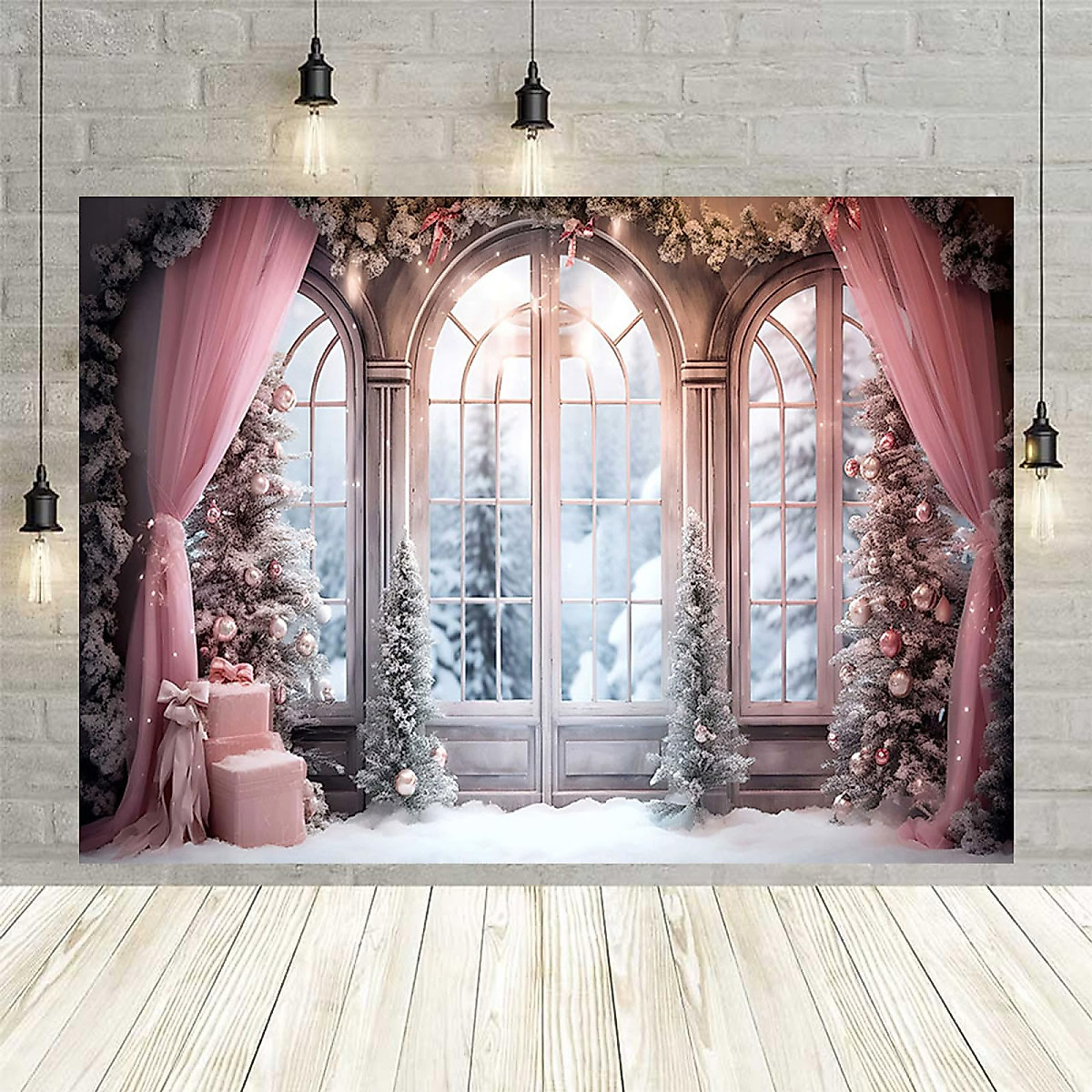 Pink Curtain Winter Xmas Photo Background Christmas Winter Snow Forest Window Photography Background Family Holiday Party Decorations Baby Shower 1st Birthday Backdrop,8X6FT