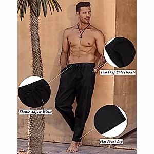 COOFANDY Men's Baggy Capri Trousers Drawstring Vacation Linen Beach Pants Summer Black