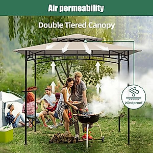 DikaSun Grill Gazebo 8 x 5 Double Tiered Outdoor BBQ Covering Canopy Shade for Patio Barbecue Gazebo Backyard Tent Shelter and 10 Hooks(Sand)