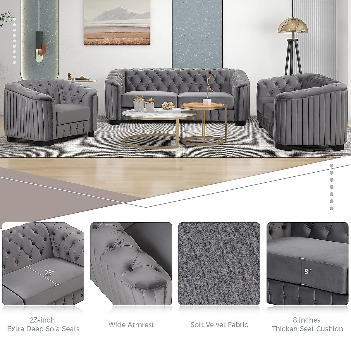 P PURLOVE Modern Single Sofa with Arms and Rubber Wood Legs, Velvet Upholstered Accent Sofa with Thick Removable Seat Cushion, Single Couch for Living Room, Bedroom or Small Space, Gray