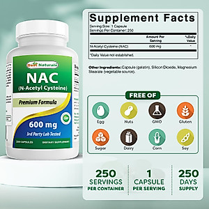 Best Naturals NAC - N Acetyl Cysteine 600 mg 250 Capsules - n Acetyl cysteine - Powerful antioxidant