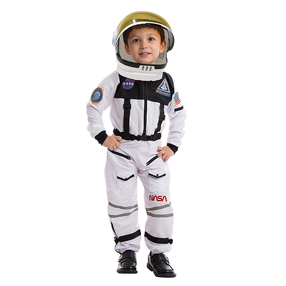Spooktacular Creations Astronaut Costume with Helmet, Space Suit for Kids and Toddler with Movable Visor Helmet, Kids Astronaut Costume for Halloween Costumes Party Favor Supplies White 3T