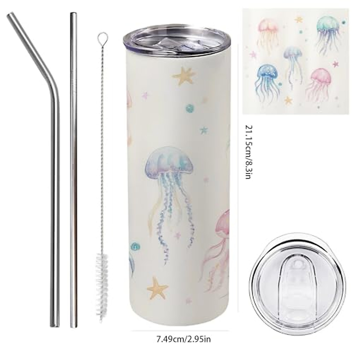 Tumbler with Lid and Straw Beautiful Watercolor Jellyfish thermos coffee travel mugcute cups 20 oz insulated tumbler for Daily Holiday Decor Gift coffee cup