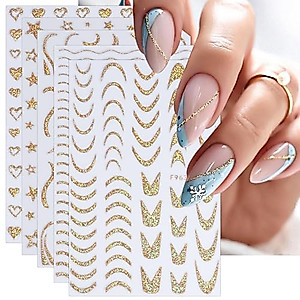 JMEOWIO 8 Sheets French Tip Nail Art Stickers Decals Self-Adhesive Pegatinas Uñas Gold Line Nail Supplies Nail Art Design Decoration Accessories