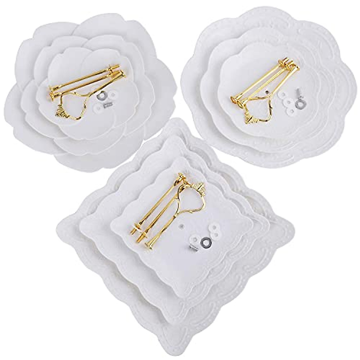 Tosnail 3 Pack 3 Tiers White Plastic Cupcake Stand Dessert Stand Tiered Serving Trays with Gold Rod - Round, Square, Flower
