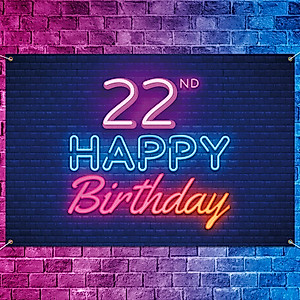 Glow Neon Happy 22nd Birthday Backdrop Banner Decor Black – Colorful Glowing 22 Years Old Birthday Party Theme Decorations for Men Women Supplies