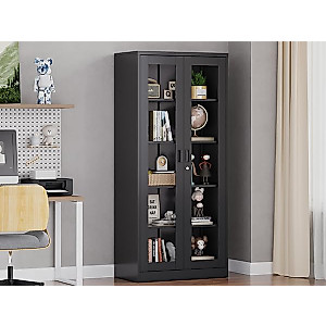 AFAIF Glass Display Cabinet Curio Cabinet with Glass Door & 4 Adjustable Shelves, Liquor Cabinet with Lock, 71"H Tall Bookshelf Bookcase Metal Storage Cabinet Display Case for Home Office Living Room