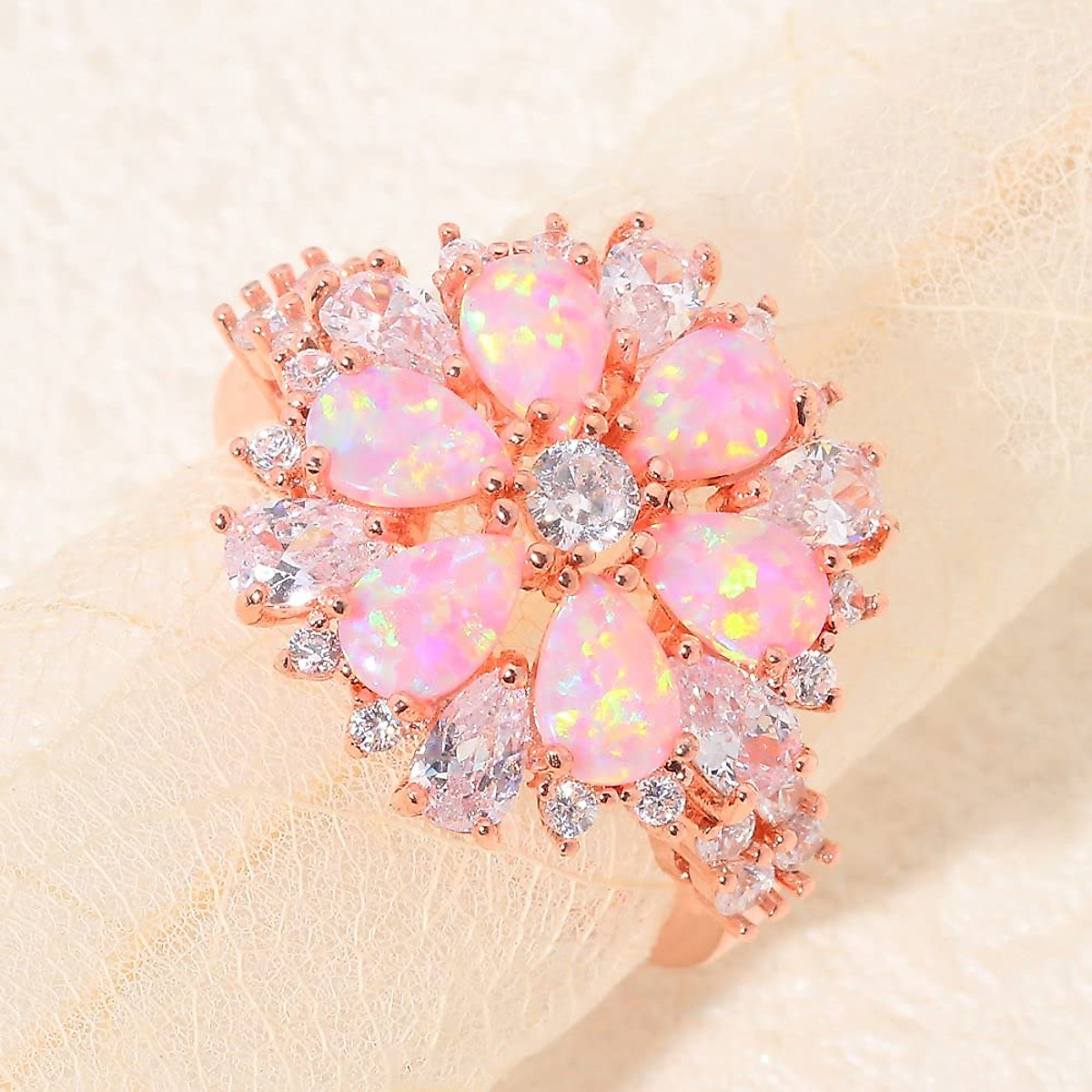 CiNily Flower Opal Ring-Pink Opal Cubic Zirconia CZ Ring 14K Rose Gold Plated Gemstone Promise Engagement Ring for Women (8)
