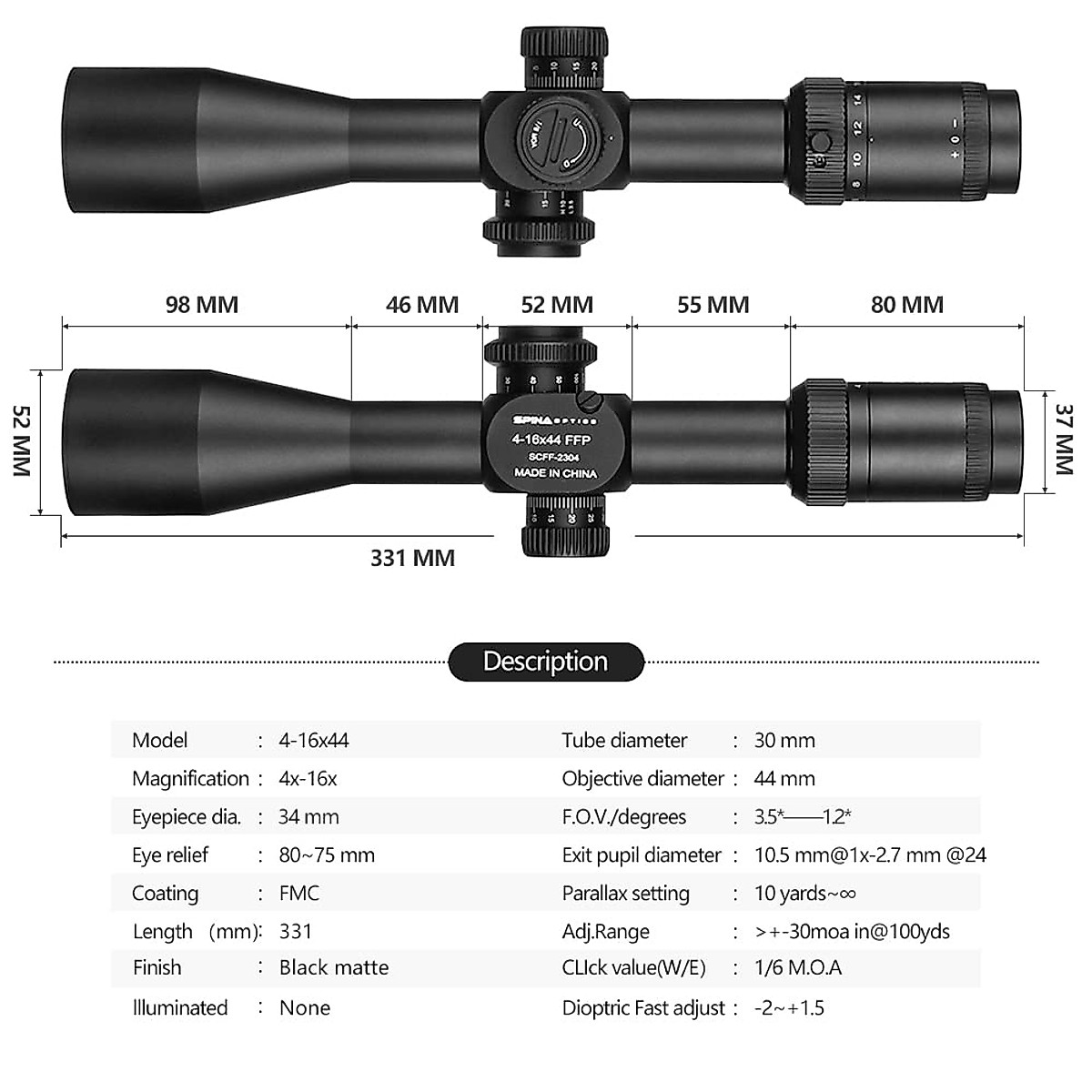 SPINA OPTICS 4-16X44 Rifle Scope First Focal Plane FFP Hunting 4-16 Riflescopes with 20mm Scope Rings,Throw Lever,Lens Cover