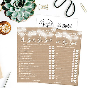 Hadley Designs 25 Rustic Wedding Bridal Shower Engagement Bachelorette Party Game, He Said She Said Cards for Couples, Funny Co Ed Trivia Rehearsal Dinner Guessing Question Fun Supplies Kit