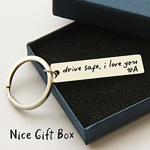 HubbgDesign Key Chain Drive Safe I Love You Engraved Initial Personalized Gift for Husband Boyfriend Stainless Steel Keychain Gift Car Accessories New Drive Gift Brother Valentine's Gifts (A)