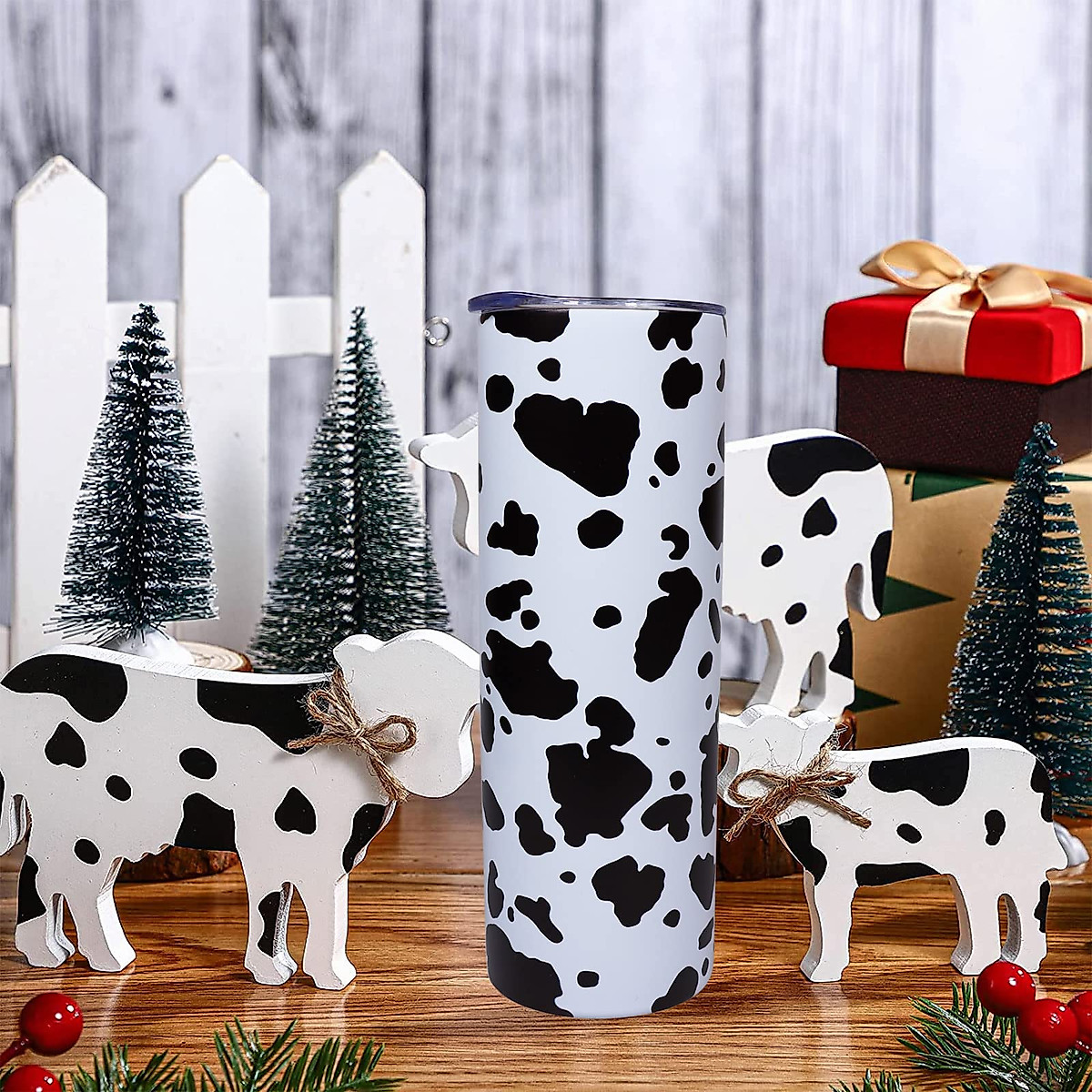 IchDich Cow Print Tumbler With Lid and Straw 20 oz Insulated Black Cow Tumbler Stainless Steel Cow Print Skinny Tumbler Water Bottle Coffee Cups Travel Mug Gifts for Women