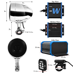 GoHawk TN4-W Waterproof Amplifier 4" Full Range Bluetooth Motorcycle Stereo Speakers 1 to 1.25 in. Handlebar Mount Audio Amp System Harley Touring Cruiser ATV 4-Wheeler, USB, AUX, FM Radio