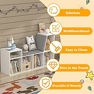 HedoajimKids Bookshelf with Reading Nook,Bookcase with 6 Cubby and Seat Cushion,Toddler Reading Bench and Toy Storage Organizer for Kids Room, Playroom, Classroom, Nursery,Bedroom