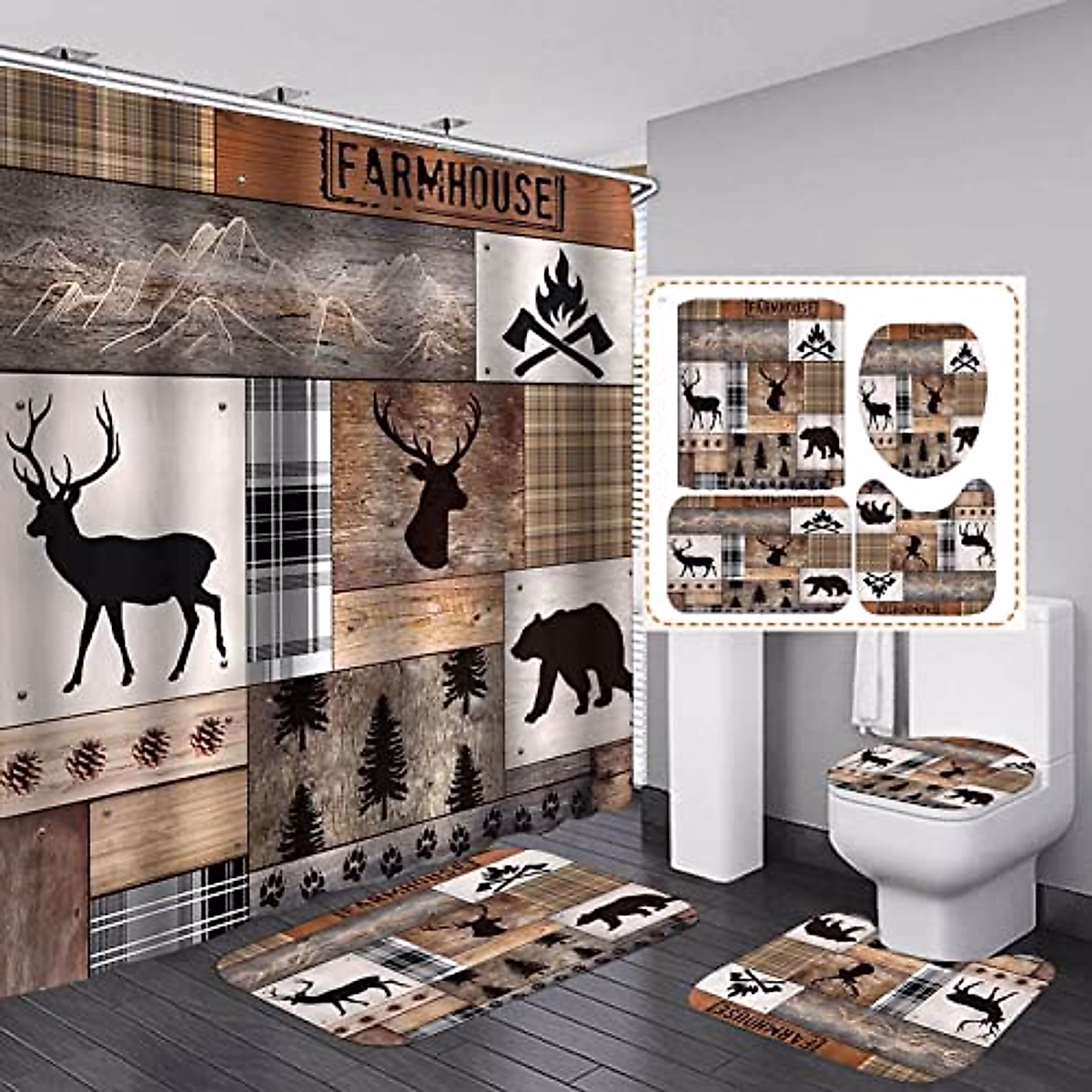 Dia Magico 4PCS Cabin Shower Curtain Set, Mountain Pine Tree Buffalo Plaid Bear Deer Elk Moose Forest Wildlife Woodland Animals Hunting Lodge Country Rustic Farmhouse Bathroom Decor, Non-slip Bath Mat