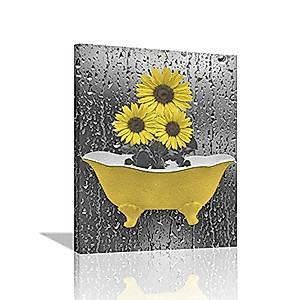 Sunflower Bathroom Wall Art Yellow Gray Bathroom Framed Canvas Wall Art Sunflowers in Bathtub Wall Decor Modern Decorative Bath Home Decor Matted Floral Picture for Bedroom Living Room 12x16 inch